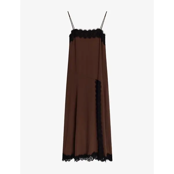 OMNES Thea Lace-trim Satin Midi Dress - Chocolate/black Lace