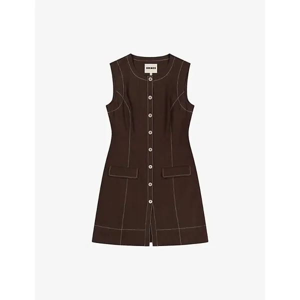 OMNES Raphi Button-front Linen-blend Mini Dress - Chocolate
