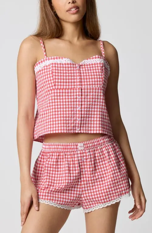 FLORENCE BY MILLS Lace Trim Gingham Crop Stretch Cotton Camisole - Red Gingham