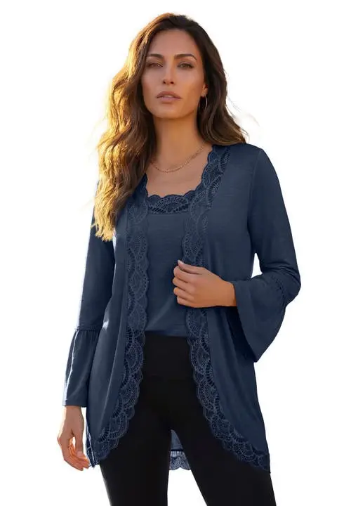 Roaman's Lace Detailed Cardigan And Tank Set - Navy