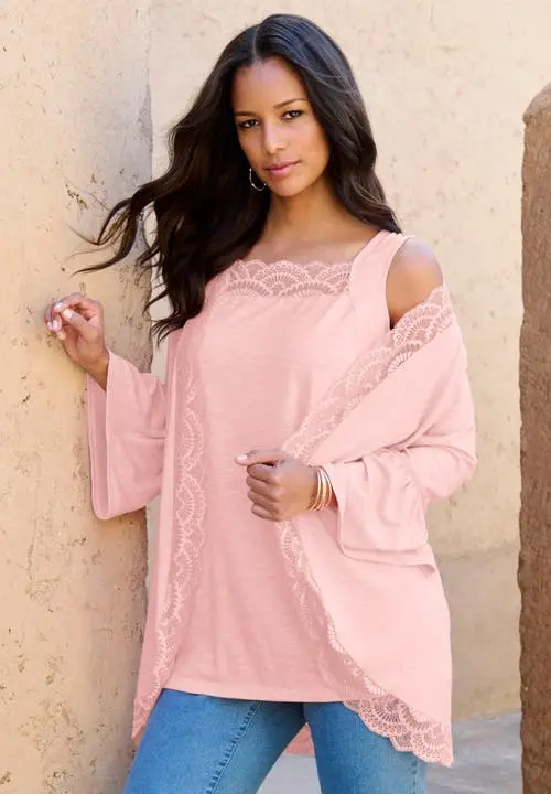 Roaman's Lace Detailed Cardigan And Tank Set - Navy