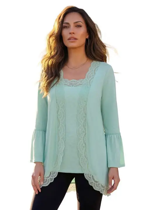 Roaman's Lace Detailed Cardigan And Tank Set - Soft Blush