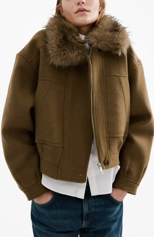Mango Blouson Jacket With Faux Fur Collar - Brown