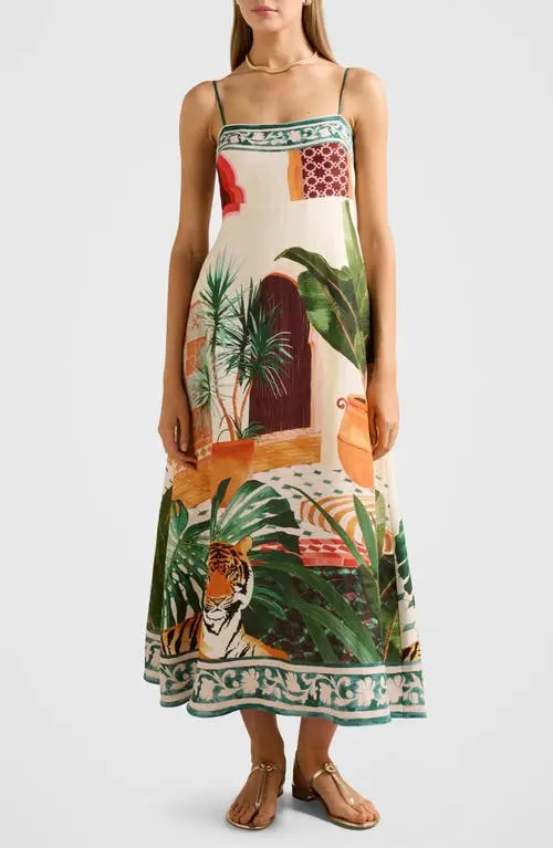 EVER NEW Bianca Print Linen Blend Midi Dress - Casablanca Holiday