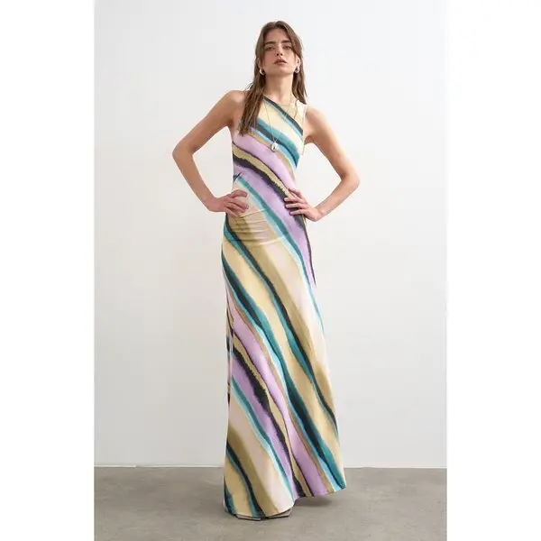 Topshop Ruched Stripe Sleeveless Maxi Dress - Lilac