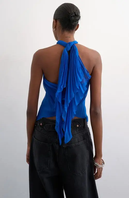 Topshop Pleated Knot Neck Halter Top - Medium Blue