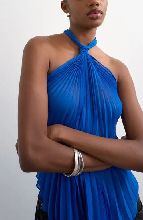 Topshop Pleated Knot Neck Halter Top - Medium Blue