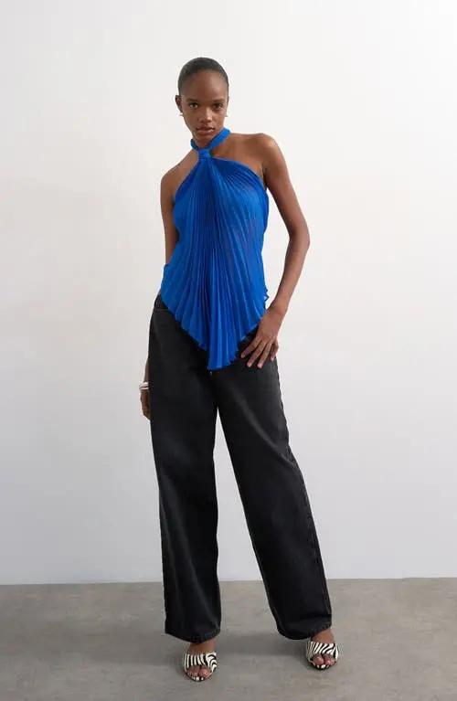 Topshop Pleated Knot Neck Halter Top - Medium Blue