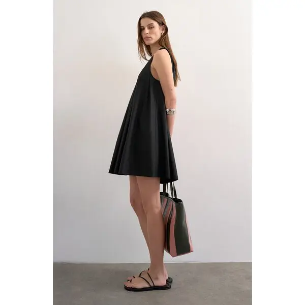 Topshop Pleated Cotton Trapeze Minidress - Black
