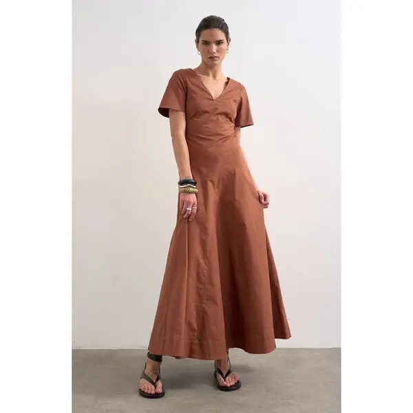 Topshop Seamed V-neck A-line Midi Dress - Rust