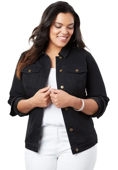 Roaman's Classic Stretch Denim Jacket - Black