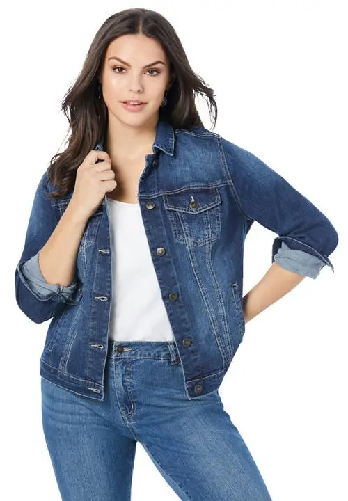 Roaman's Classic Stretch Denim Jacket - Medium Wash