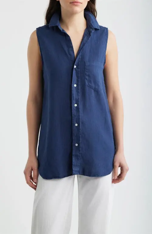 Frank & Eileen Finley Sleeveless Linen Button-up Shirt - Navy