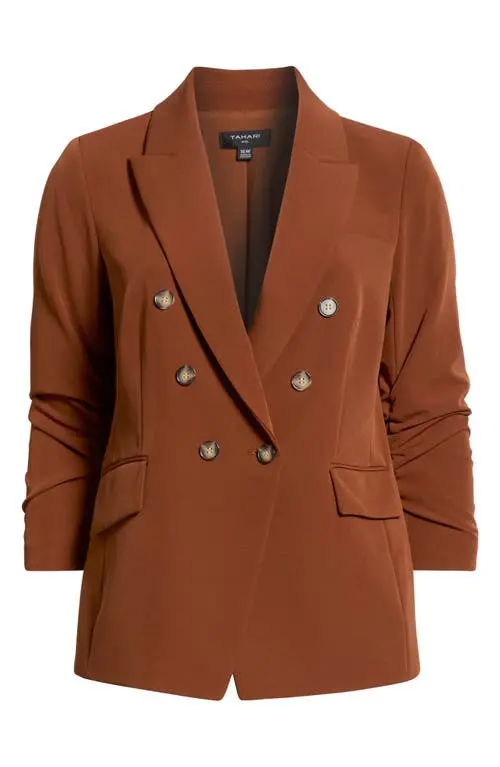 TAHARI ASL Ruched Sleeve Double Breasted Blazer - Cinnamon