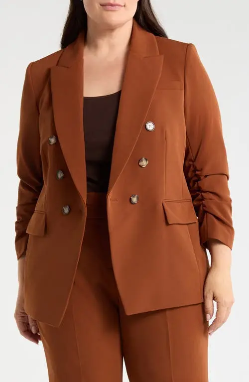 TAHARI ASL Double-breasted Blazer With Ruched Sleeves - Cinnamon