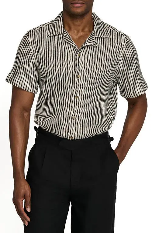 BROOKLYN BRIGADE Bedford Striped Crochet Camp Shirt - Black/brown