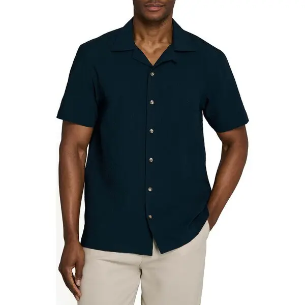 BROOKLYN BRIGADE Solid Myrtle Short Sleeve Seersucker Camp Shirt - Navy