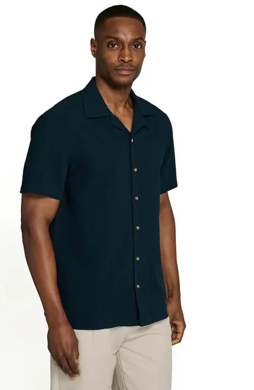 BROOKLYN BRIGADE Solid Myrtle Short Sleeve Seersucker Camp Shirt - Navy