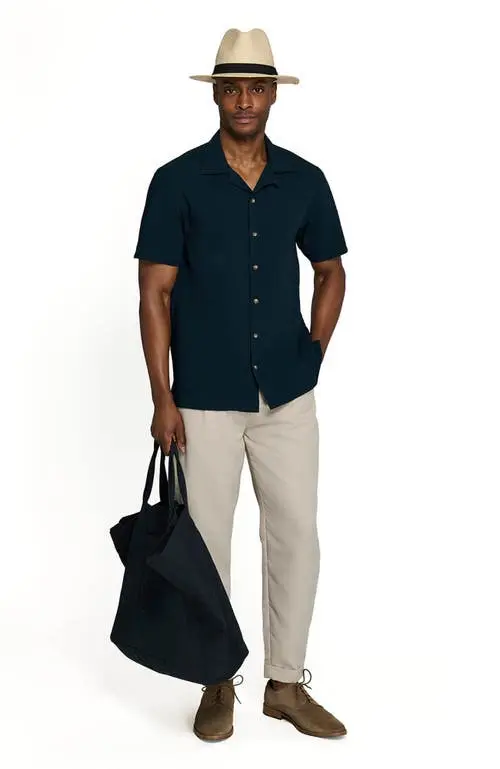 BROOKLYN BRIGADE Solid Myrtle Short Sleeve Seersucker Camp Shirt - Navy