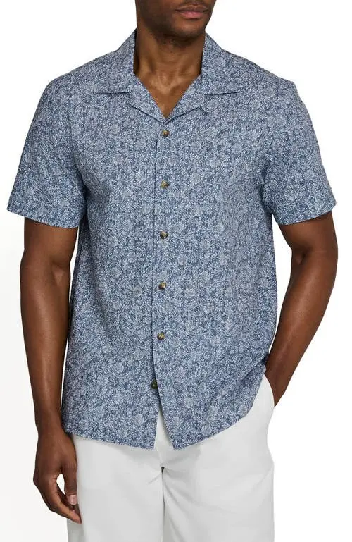 BROOKLYN BRIGADE Floral Vine Short Sleeve Seersucker Camp Shirt - Navy