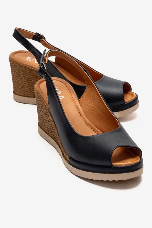 FOREVER & ALWAYS SHOES Helina Leather Wedge Sandal - Navy