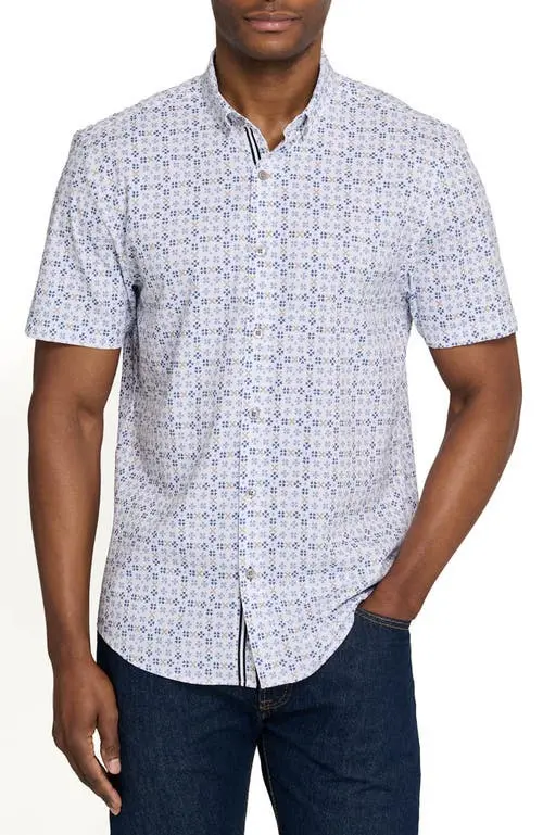 BROOKLYN BRIGADE Park Slope Petals Short Sleeve Button Down Performance Shirt - White/blue