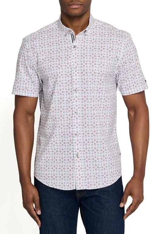 BROOKLYN BRIGADE Park Slope Petals Short Sleeve Button Down Performance Shirt - White/green