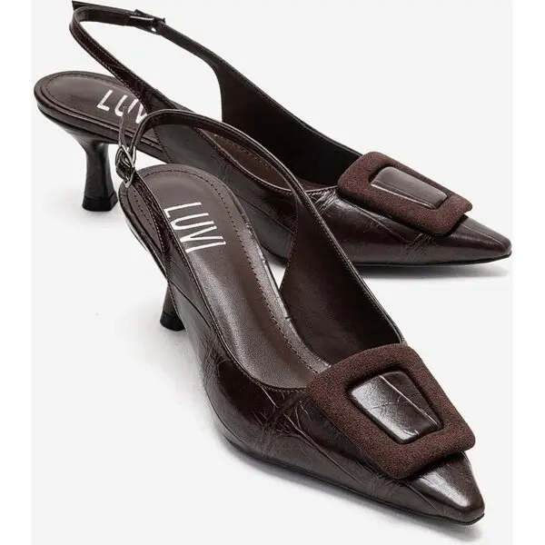 PROLOGUE SHOES Dublin Buckle Stiletto Pump - Brown Print