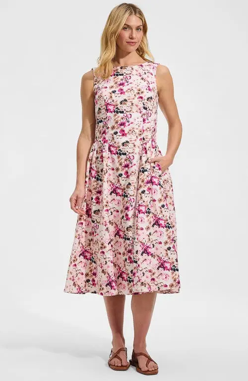 LANDS' END Poplin Boatneck Midi Dress - Ivory/soft Blush Blooms