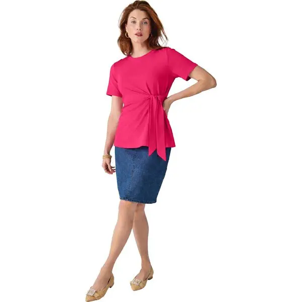 JESSICA LONDON Tie Front Short Sleeve Knit Tee - Pink Burst