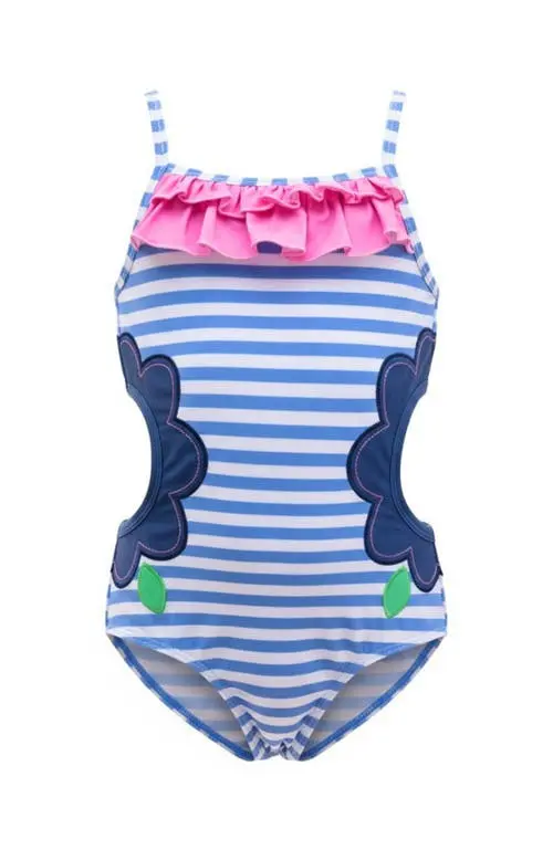 MIA BELLE GIRLS Nautical Blossom Stripe One-piece Swimsuit - Blue