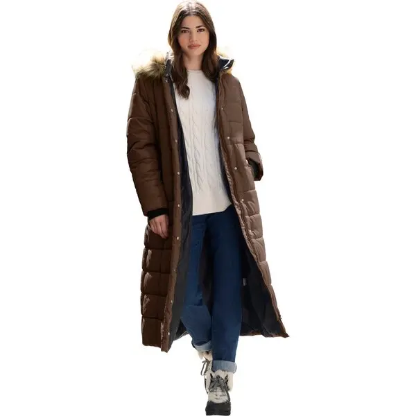 Roaman's Maxi Length Puffer Coat With Detachable Hood - Chocolate