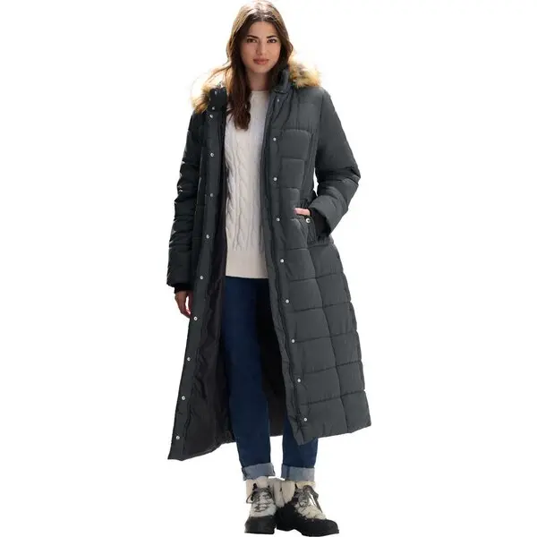 Roaman's Maxi Length Puffer Coat With Detachable Hood - Dark Charcoal