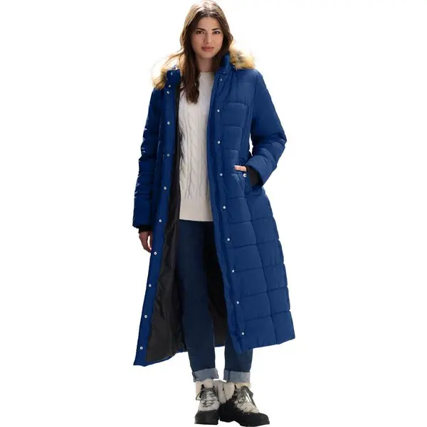 Roaman's Maxi Length Puffer Coat With Detachable Hood - Evening Blue