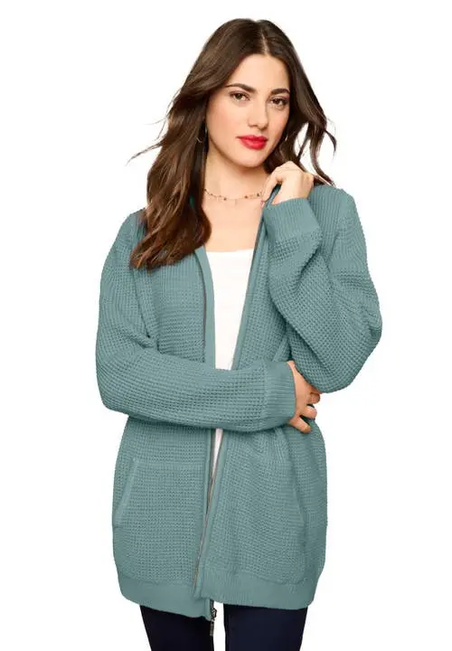 Roaman's Waffle Knit Zip-front Relaxed Hoodie - Cool Sage