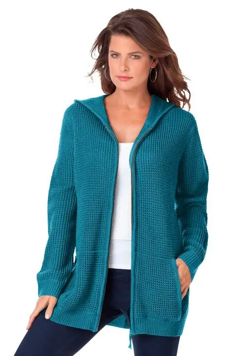 ROAMAN'S Waffle Knit Zip-front Relaxed Hoodie - Deep Teal