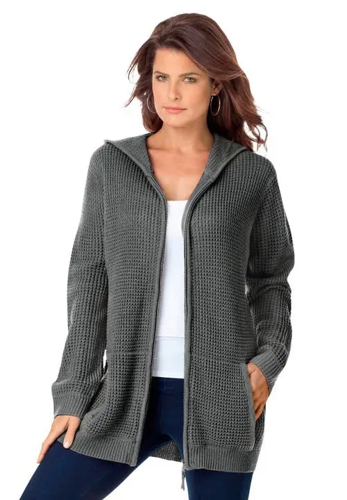 Roaman's Waffle Knit Zip-front Relaxed Hoodie - Medium Heather Grey