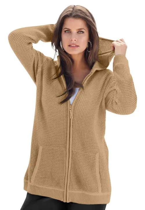 Roaman's Waffle Knit Zip-front Relaxed Hoodie - Sandy Beige