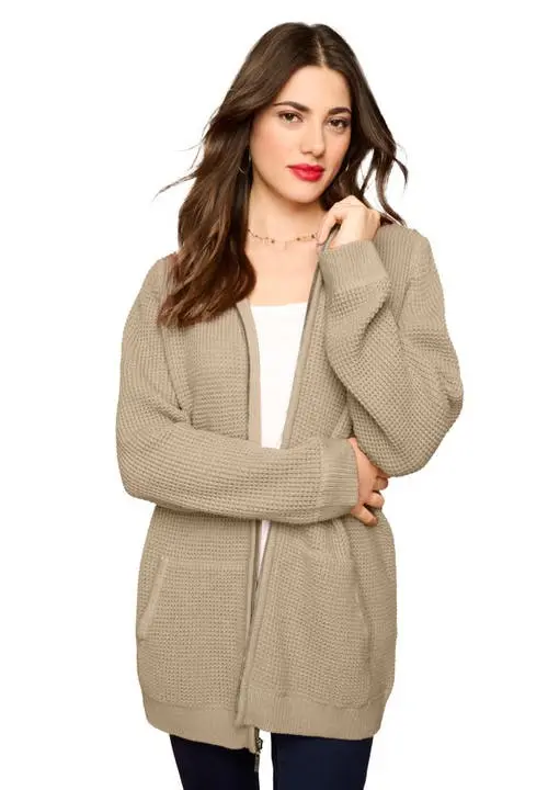 Roaman's Waffle Knit Zip-front Relaxed Hoodie - Sandy Beige
