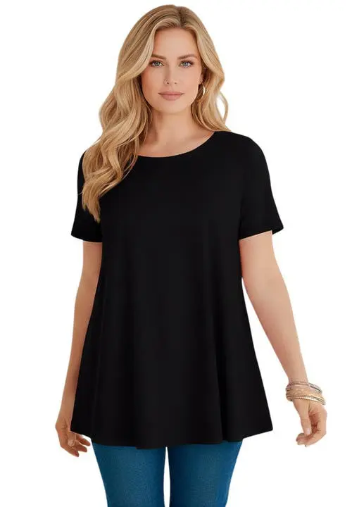 Roaman's Ultimate Cotton Crewneck Short Sleeve Swing Tee - Black