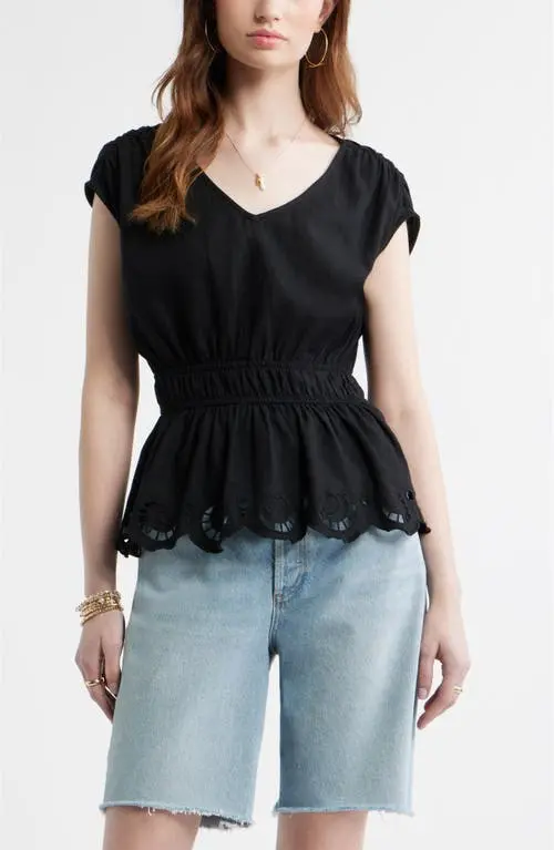 Treasure & Bond Eyelet Hem Peplum Top - Black