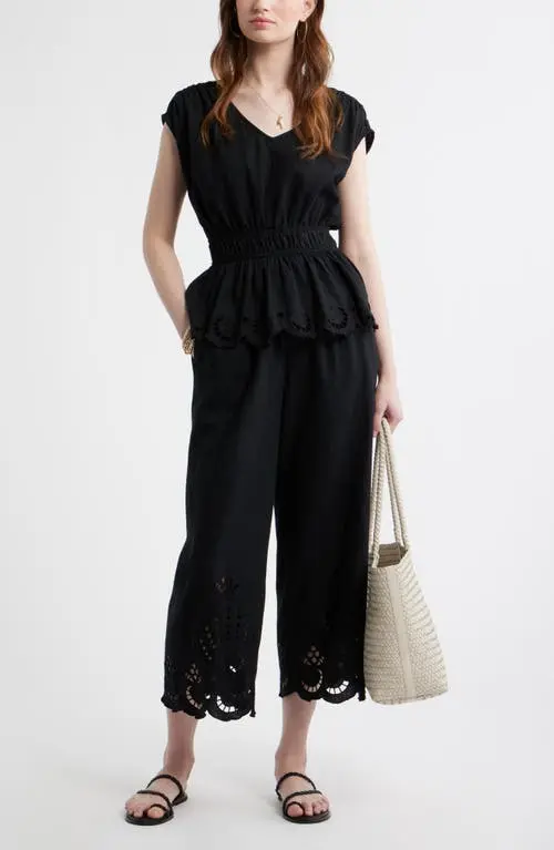Treasure & Bond Eyelet Hem Peplum Top - Black
