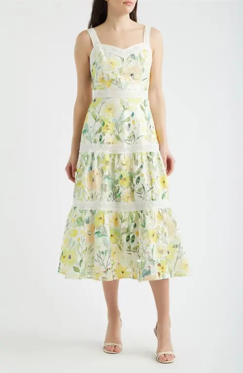ZOE AND CLAIRE Print Lace Trim Sleeveless Midi Dress - Yellow Multi
