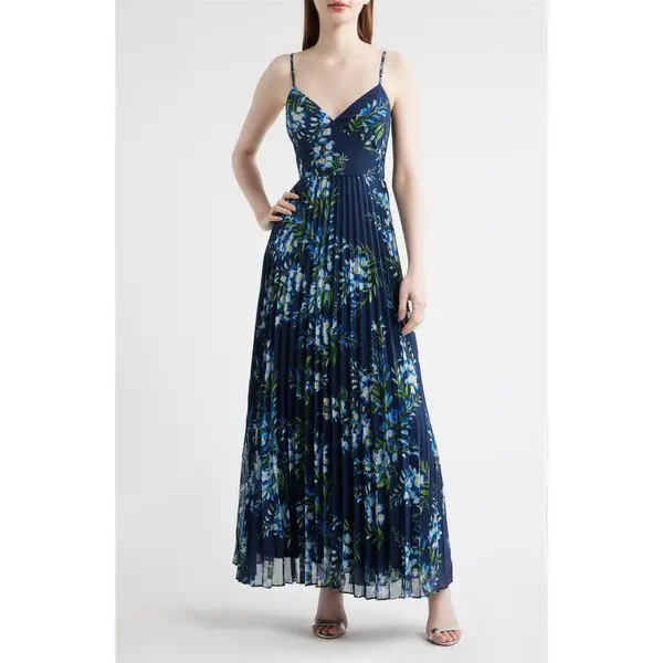 Julia Jordan Floral Pleated Gown - Navy Multi