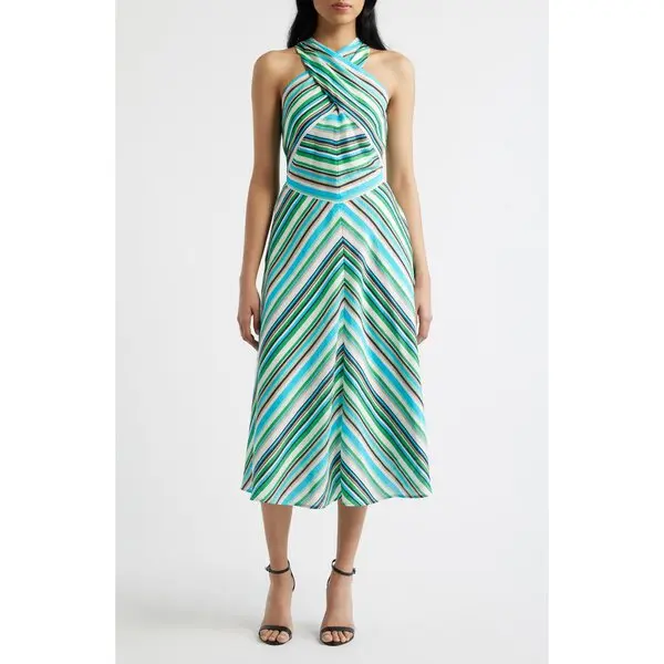 TAHARI ASL Stripe Cross Neck Midi Dress - Parakeet Multi