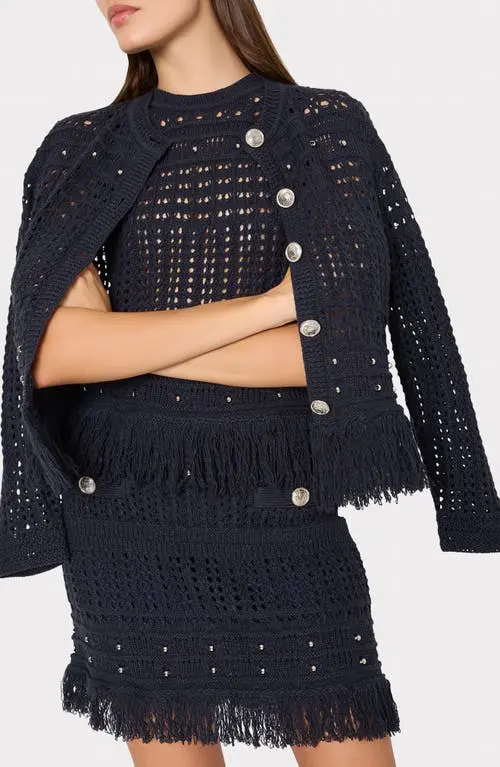 MILLY Beaded Fringe Cardigan - Navy