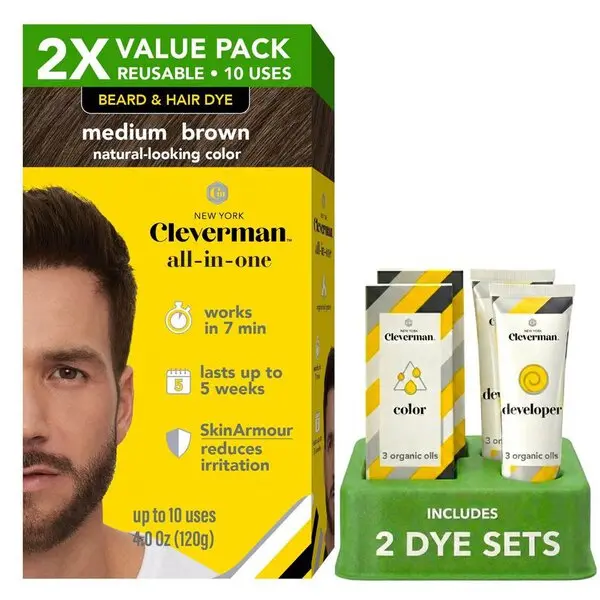 CLEVERMAN 2x Pack Reusable Beard & Hair Dye Kit - Medium Brown