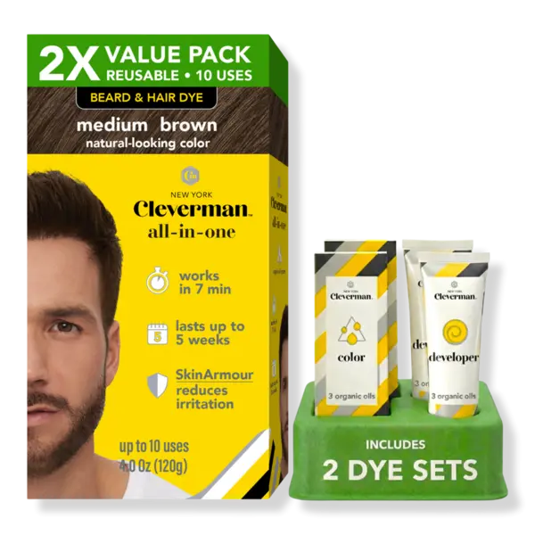 CLEVERMAN 2x Pack Reusable Beard & Hair Dye Kit - Medium Brown