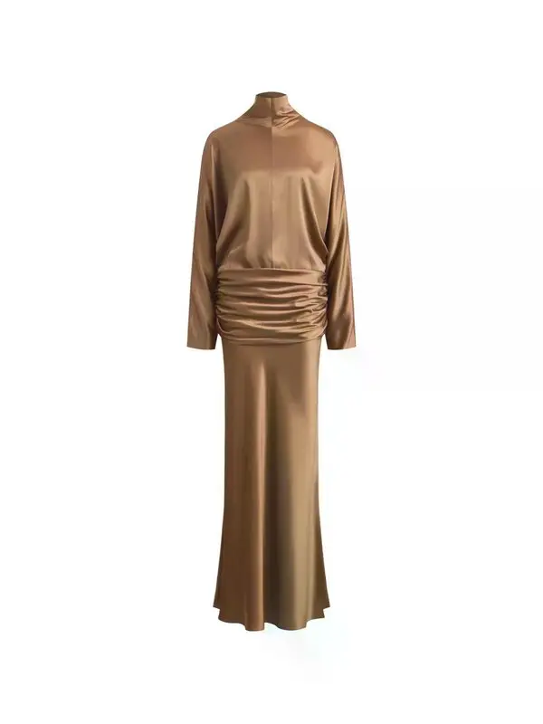 12 STOREEZ Long-sleeved Draped Dress - Brown