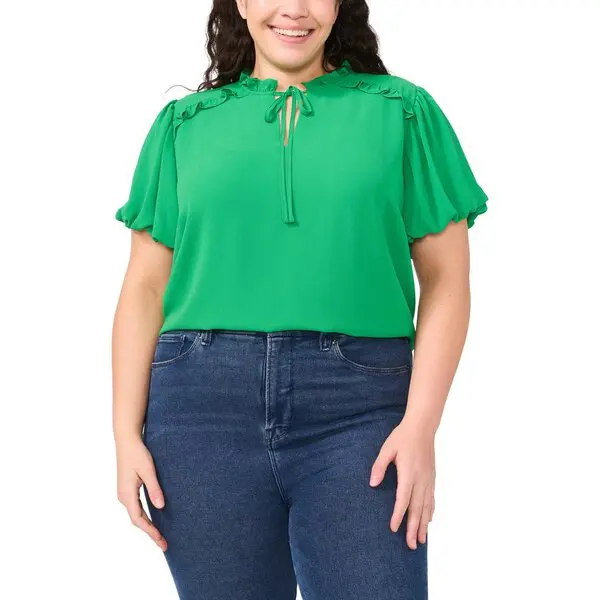 CECE DUPRAZ Ruffle Tie Neck Puff Sleeve Top - Medium Green
